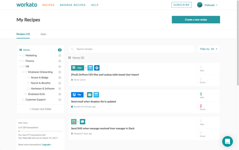 Organize your recipes with folders | Workato Product Hub