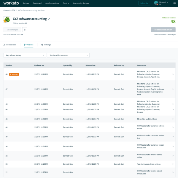 Custom Connector Lifecycle Management: Version notes | Workato Product Hub