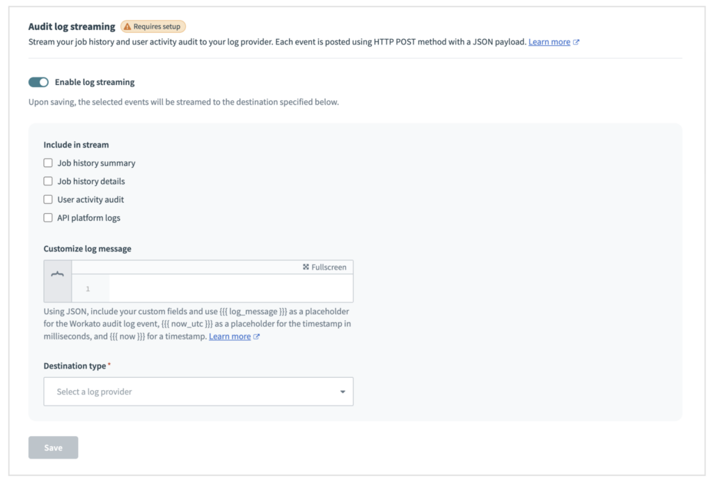 Activity audit log streaming: Track your team’s Workato activity with greater ease